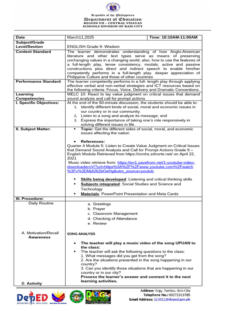 English 9 Lesson Plan Quarter 4 Week 5 Pdf Learning English Language