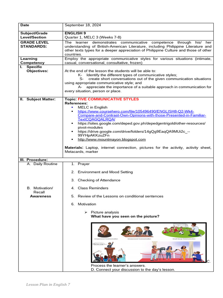 LP For COT1 - Q1 - ENGLISH 9-Communicative Styles | PDF | Learning | English Language