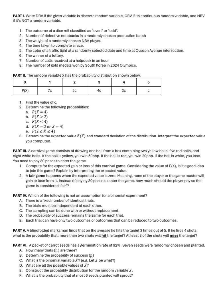 Random Variables and Binomial Distribution Practice Exercise | PDF | Probability Distribution ...