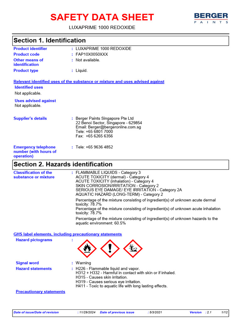 LUXAPRIME 1000 REDOXIDE Safety Data Sheet | PDF | Toxicity | Working ...
