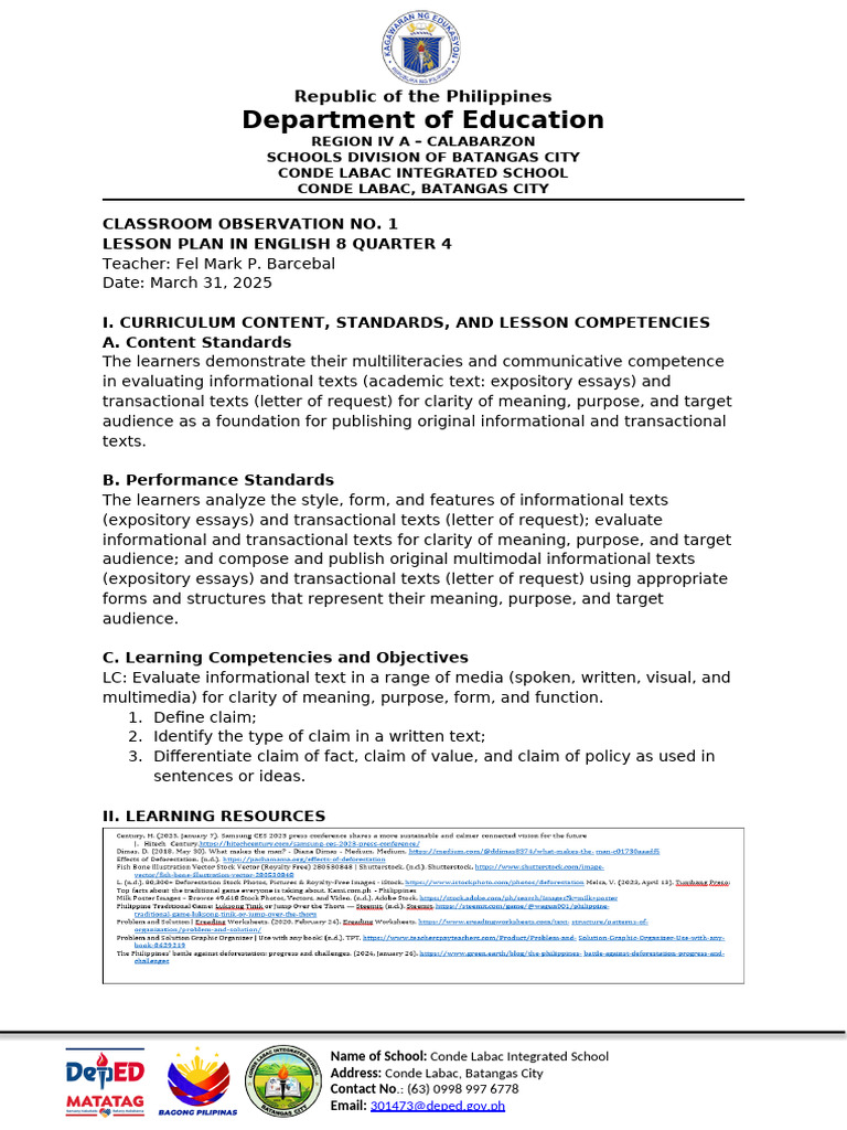 CLASSROOM OBSERVATION demo | PDF | Learning | Human Communication