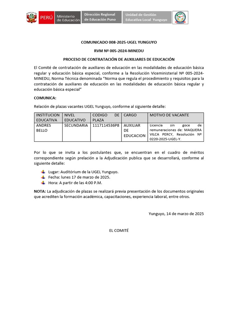 Comunicado 008-2025-Ugel Yunguyo Proceso de Contratación de Auxiliares de Educación | PDF