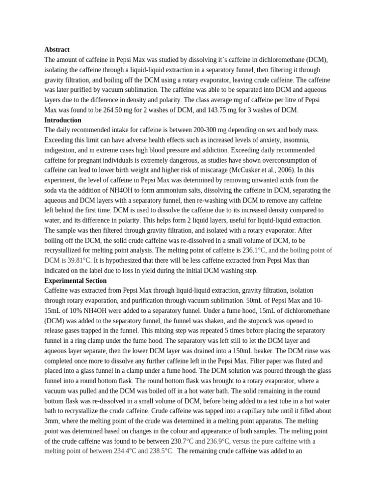 Experiment 10 - Caffeine Extraction From Soda | PDF | Filtration | Caffeine