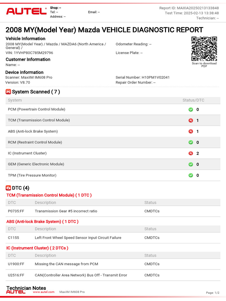 2008 MY (Model Year) Mazda VEHICLE DIAGNOSTIC REPORT ...
