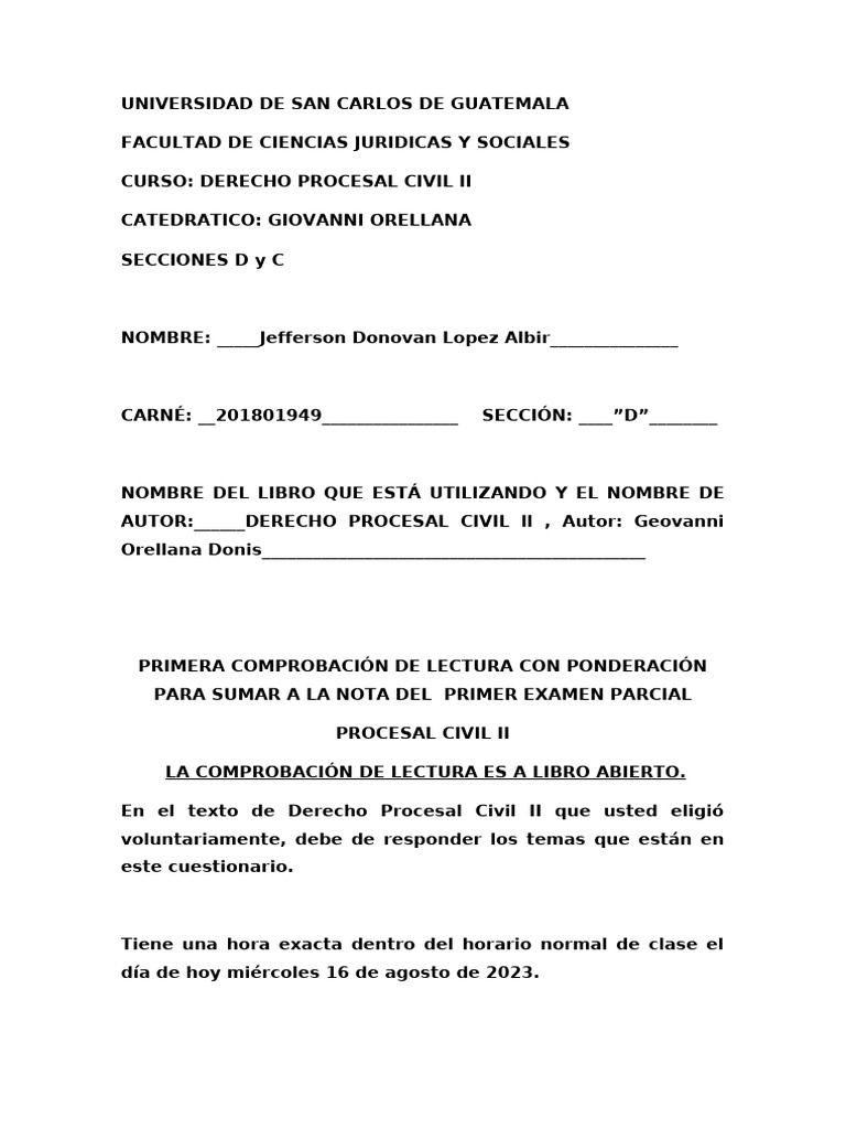 Comprobacion de Lectura Procesal Civil II 16-8-23 JEFFERSON DONOVAN ...