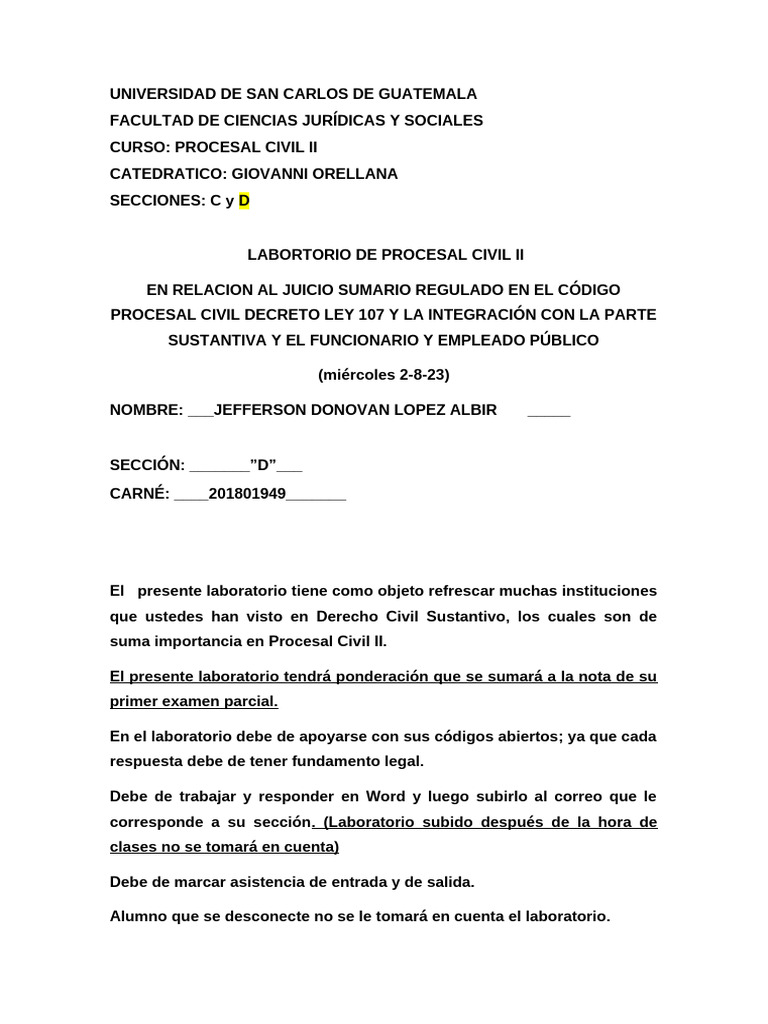 LABORATORIO UNO (Juicio Sumario) Laboratorio de Procesal Civil II ...