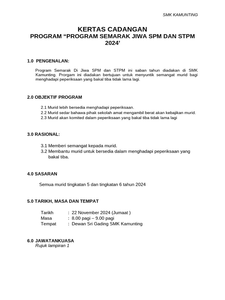 Kertas Kerja PRGM Semarak Dijiwa SPM Dan STPM | PDF