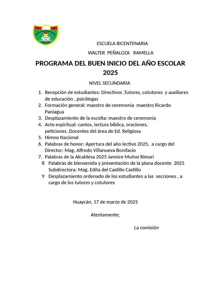 Programa de Bienvenida Escolar 2025 | PDF