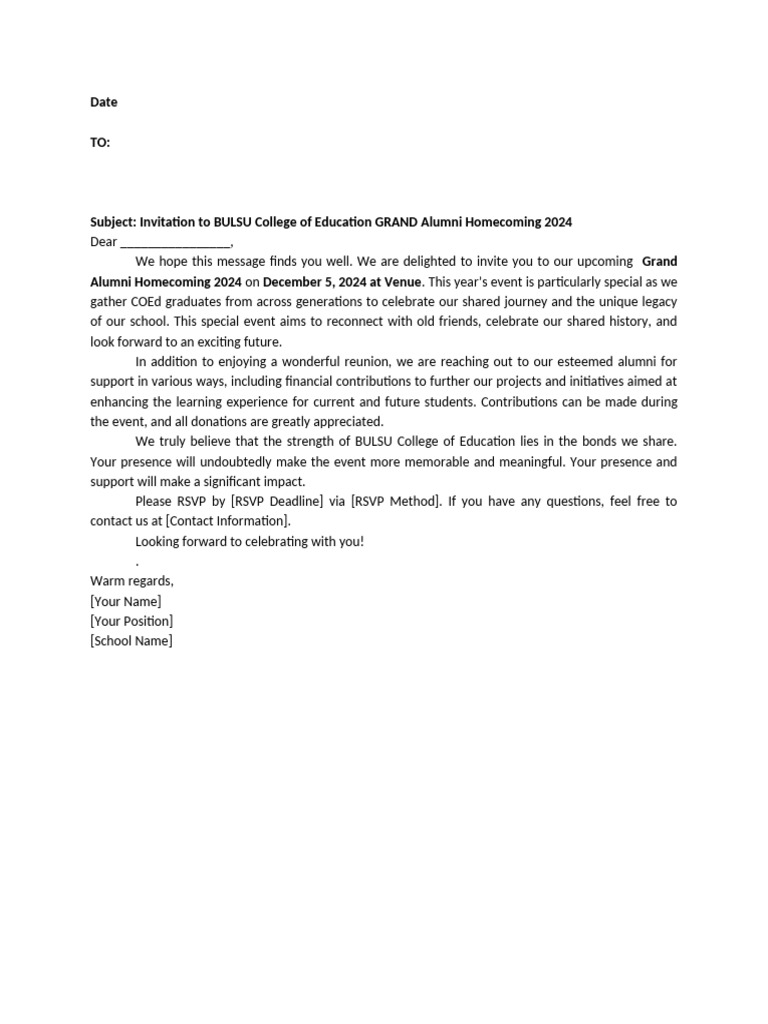 Letter Invitation Alumni Homecoming | PDF