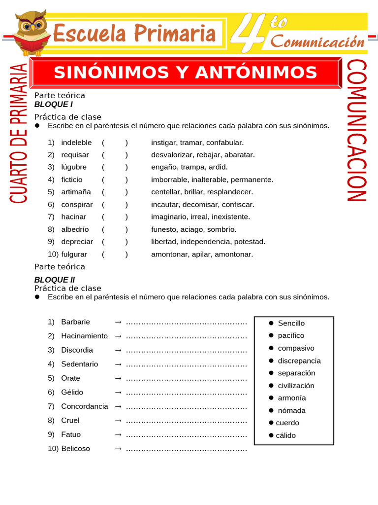Actividades de Sinónimos y Antónimos 4° Primaria | PDF