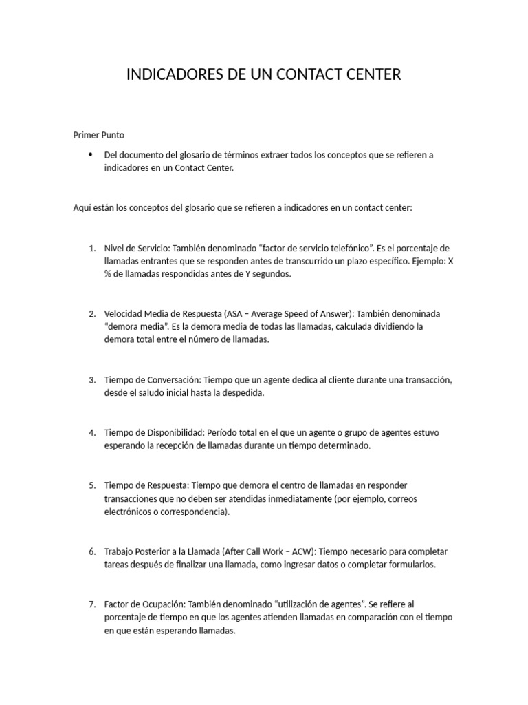 Indicadores de Un Contact Center Juan Posada | PDF | Centro de llamadas | Respuesta de Voz ...