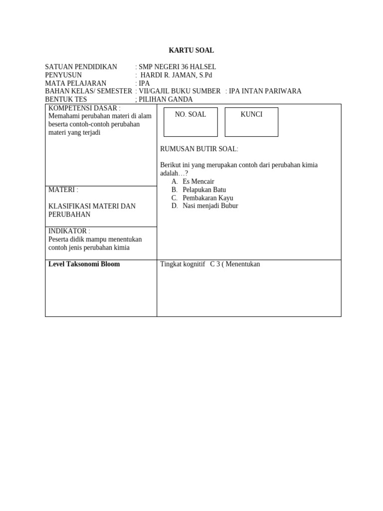 KARTU SOAL DAN KISI KISI SOAL | PDF
