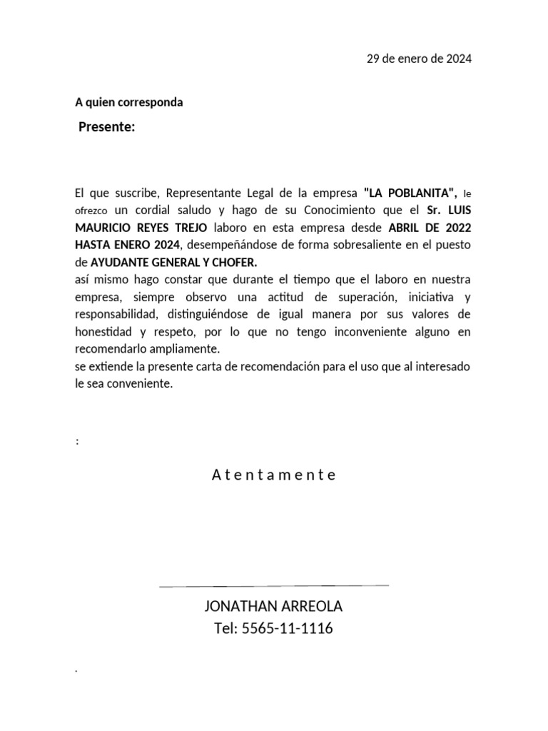 CARTA LABORAL - Luis Ruben García Garavito | PDF