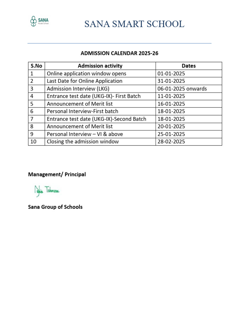SSS Sana Admission Calendar | PDF