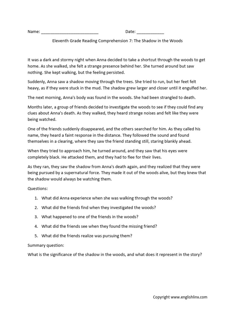 Reading Comp Grade 11 Shadow in Woods 7 | PDF