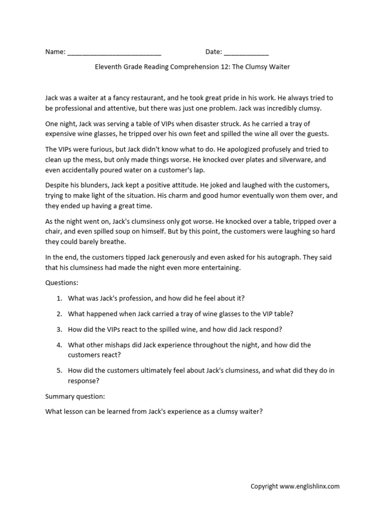 Reading Comp Grade 11 Clumsy Waiter 12 | PDF