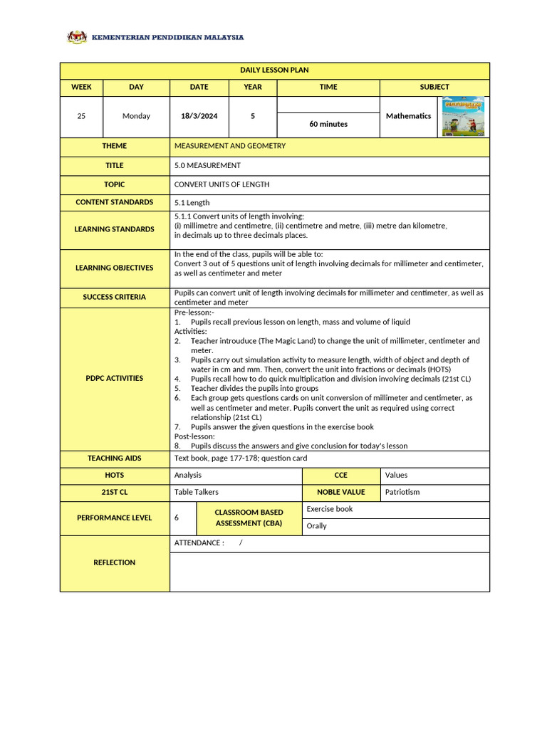 RPH MATE DLP Y5 V2 Topic 5A | PDF | Lesson Plan | Litre