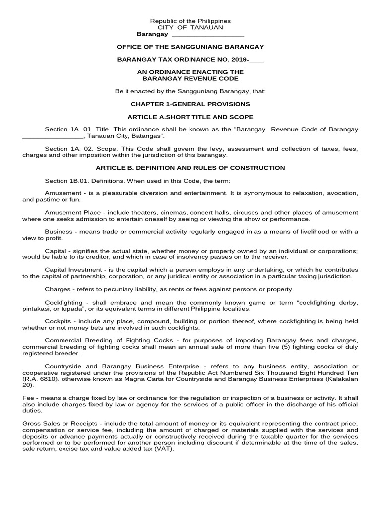 Sample Brgy Rev Code | PDF | Taxes | Fee