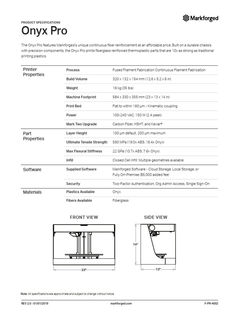 Onyx Pro Spec Sheet Markforged | PDF | Fiberglass | Polymers