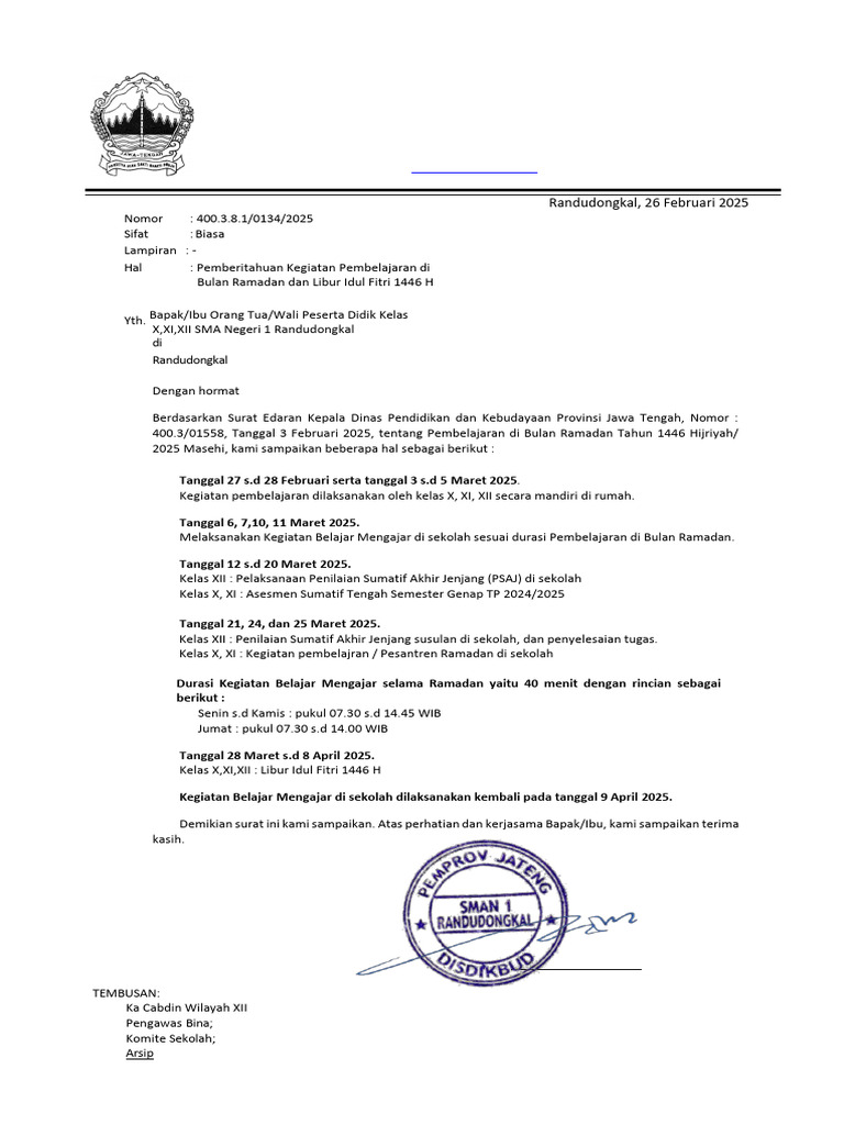 Surat Pemberitahuan Kegiatan Pembelajaran Ramadhan 1446 H - Smanra | PDF