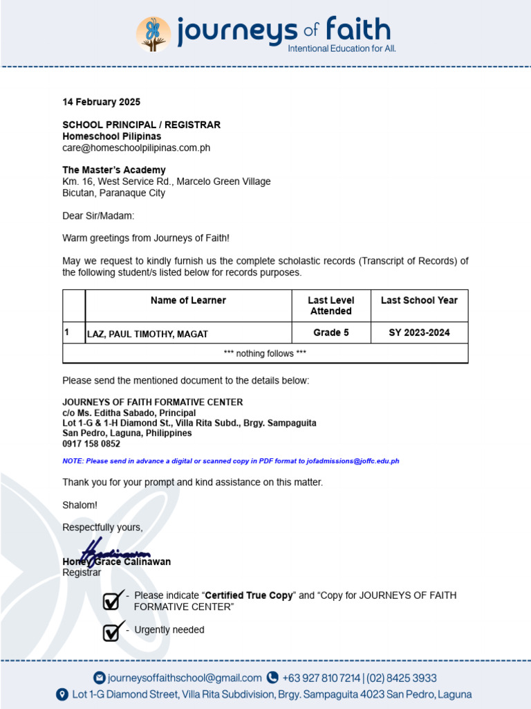 SF10 Letter-Request_Homeschool Pilipinas (1ST REQUEST) (1) (1) | PDF