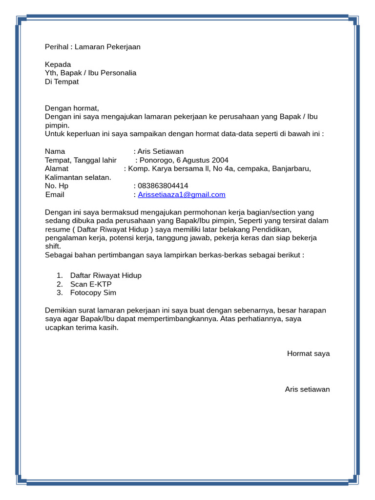 Lamaran Terbaru Aris Setiawan | PDF
