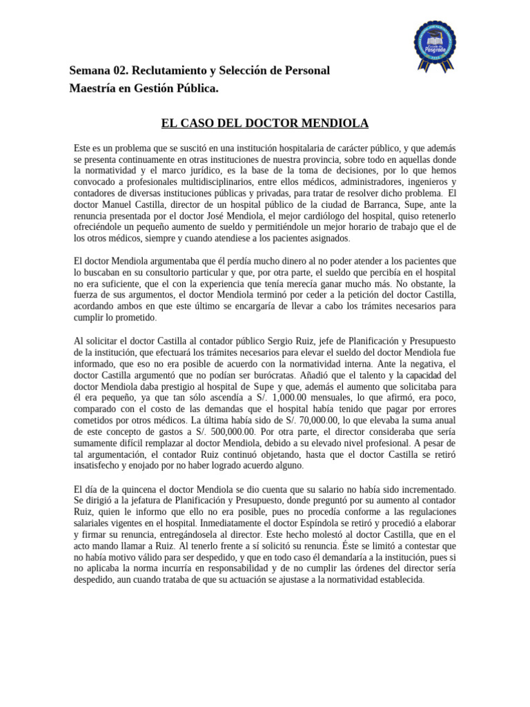 Caso Mendiola: Retención de Talento Médico | PDF | Hospital | Gestión ...