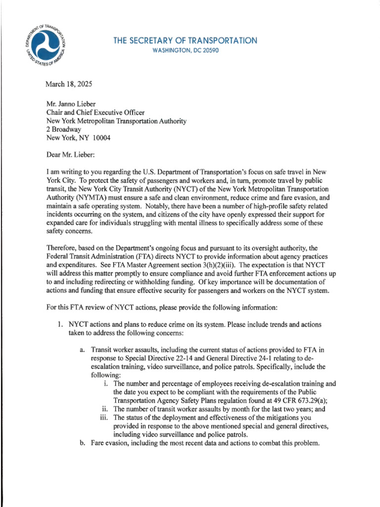 Transportation Secretary Duffy's Letter To The MTA | PDF | Government