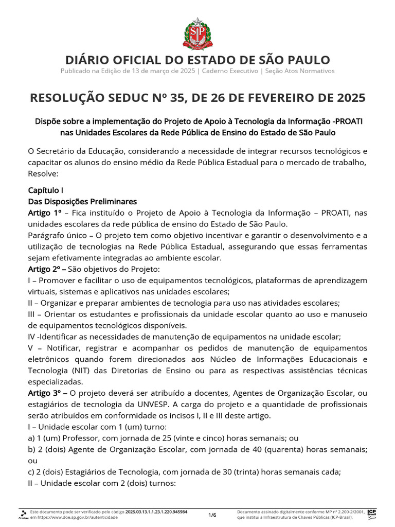 Resoluo Seduc 35 2025 Republiocada em 13 03 2025 Por Conter Incorrees ...