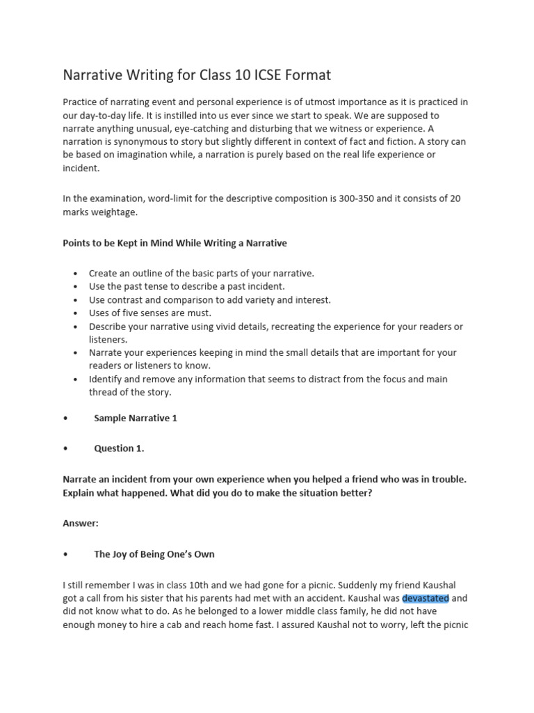 Narrative Writing Guide for Class 10 ICSE | PDF | Cupcake | Experience