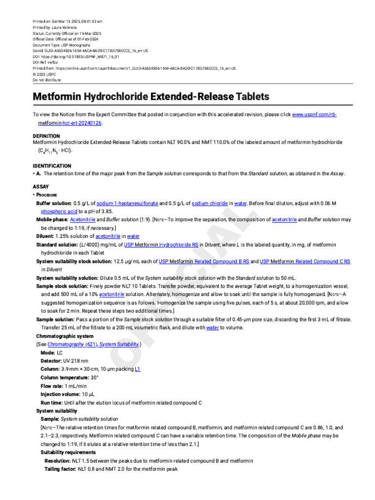 USP-NF Metformin Hydrochloride Extended-Release Tablets | PDF | Chromatography | Buffer Solution