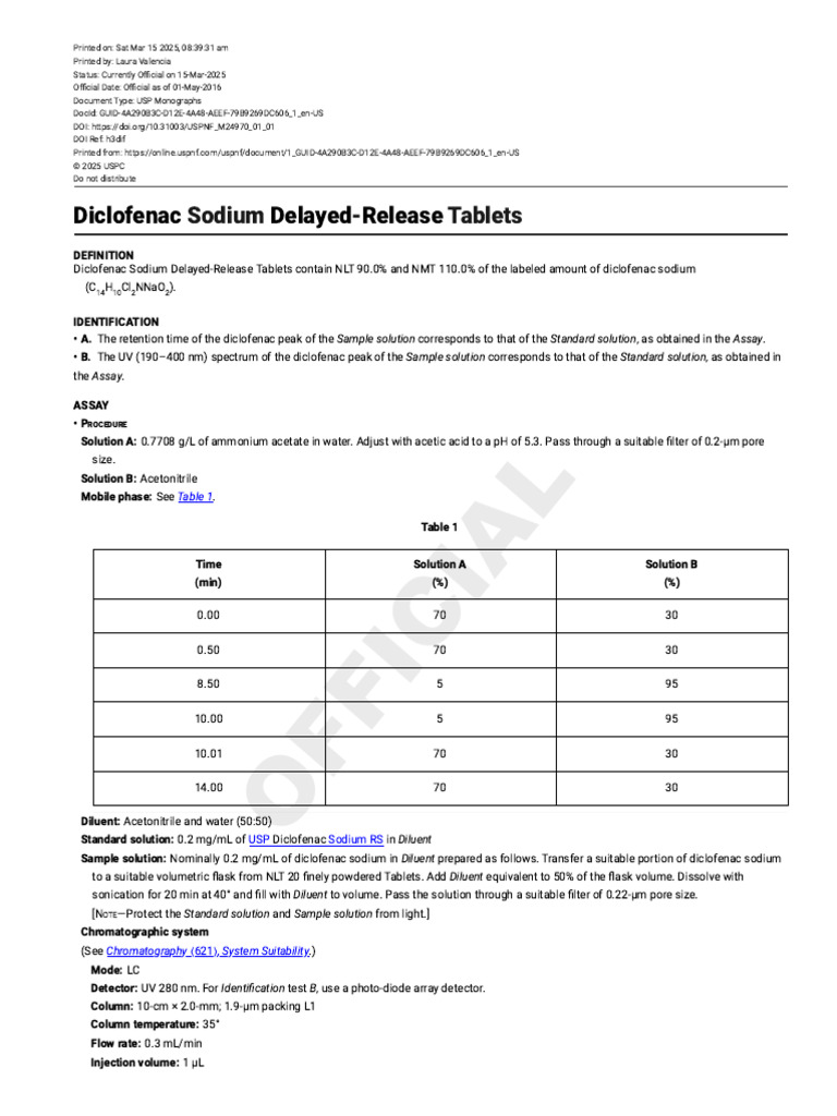 USP-NF Diclofenac Sodium Delayed-Release Tablets | PDF | Buffer Solution | Chromatography
