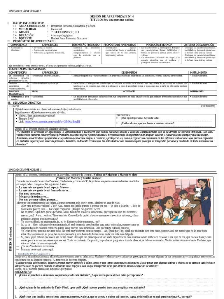 Unidad de Aprendizaje 4 UDA 1 DPCC 3° VII Ccilo | PDF | Aprendizaje | Autoestima