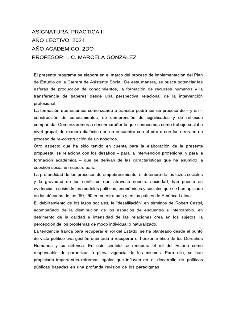 Programa Practica II 2024 | PDF | Trabajo Social | Aprendizaje