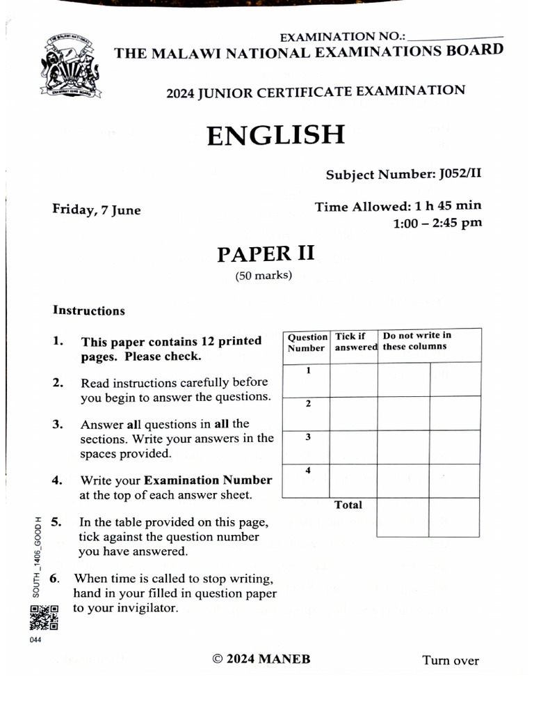English PP1 2024 Jce Maneb | PDF