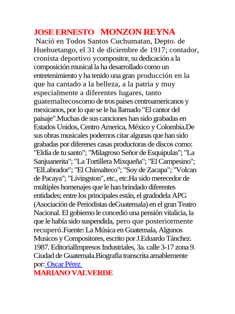 Biografia de Jose Ernesto Monzon Reyna | PDF | Guatemala | Musicología