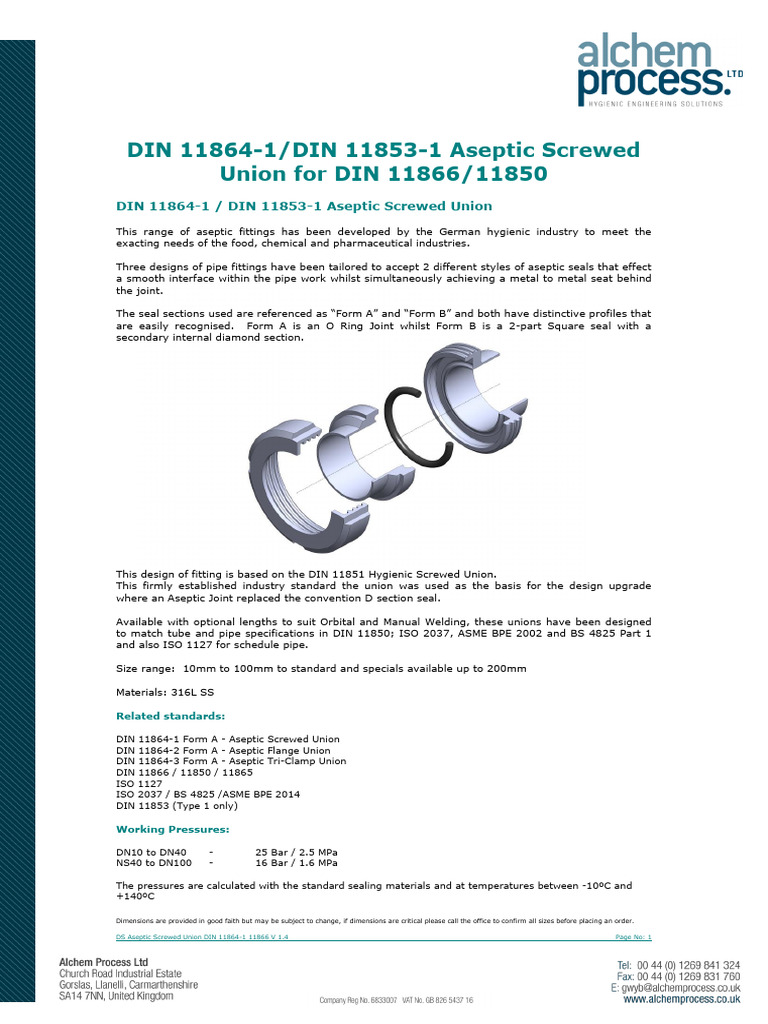 Aseptic Screwed Union DIN11864 1 DIN 11866 DS v1.4 | PDF | Pipe (Fluid ...