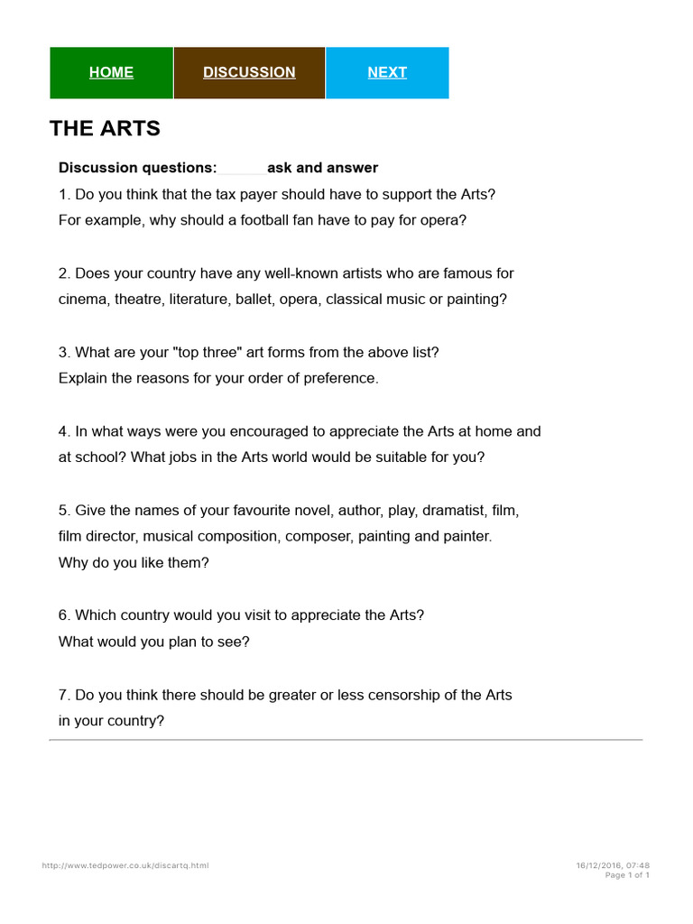 The Arts - Questions For Discussion | PDF