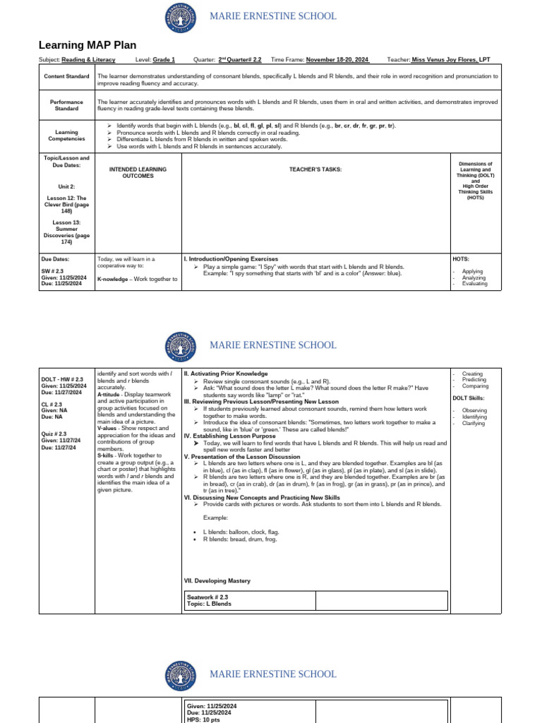 L and R Blends Reading Lesson Plan | PDF | Cognition | Human Communication