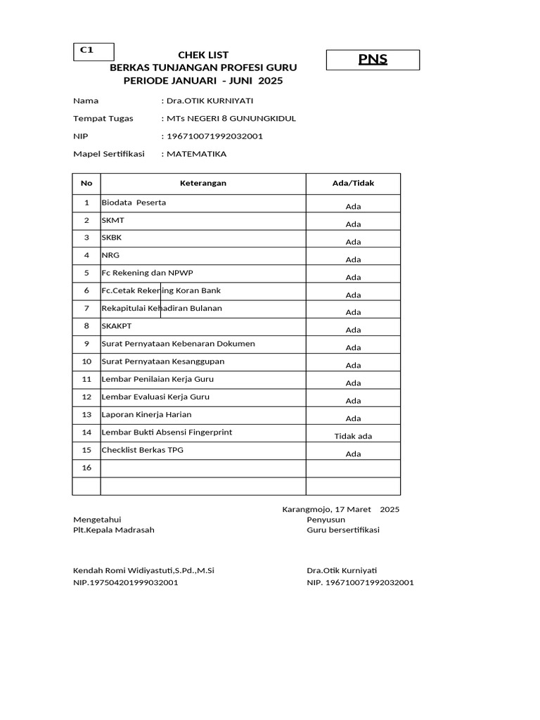 Check List Pemberkasan 2025 | PDF