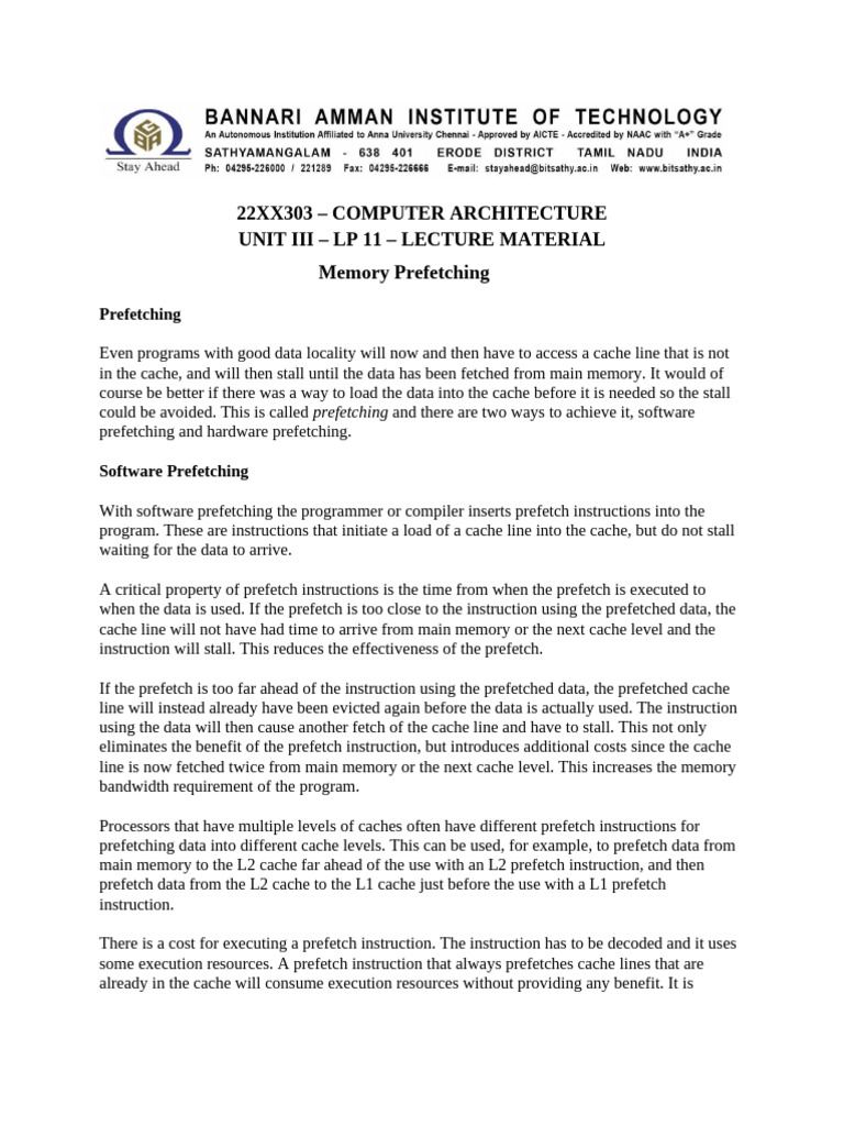 Unit 3 - LM11 - Memory Prefetching | PDF | Cpu Cache | Central Processing Unit