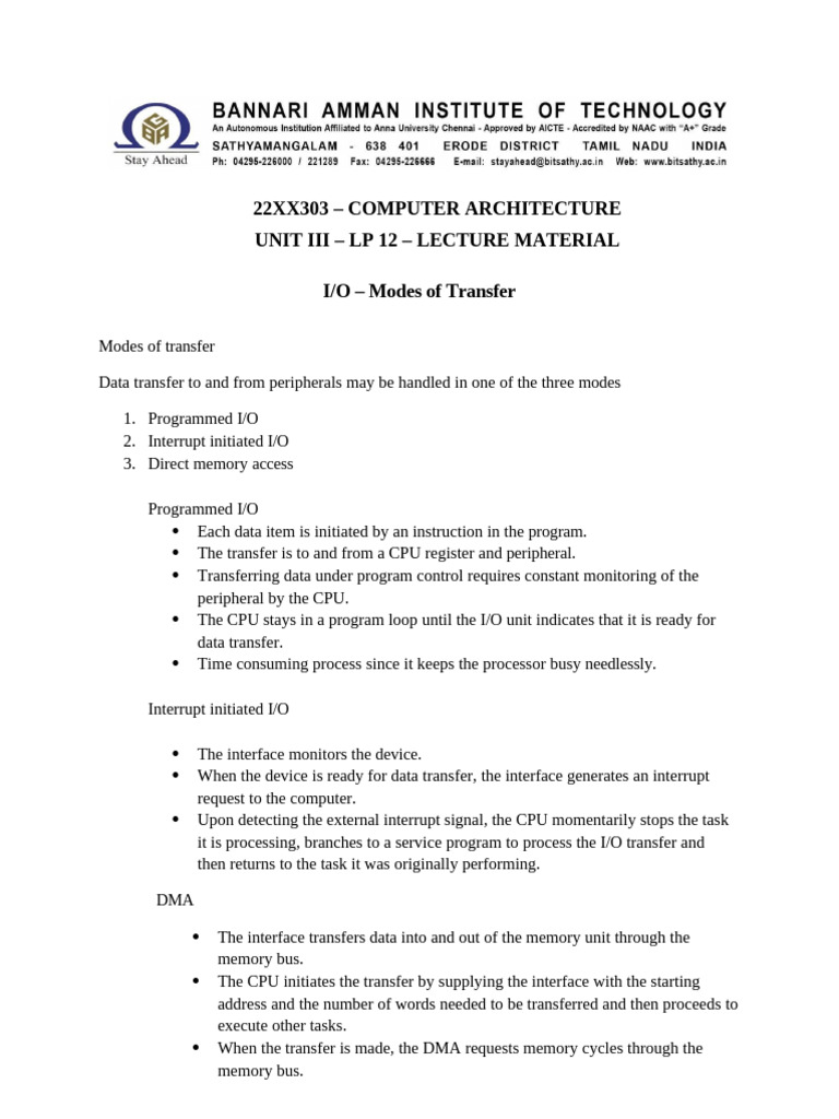 Unit 3 - LM 12 - Modes of Transfer | PDF | Input/Output | Central Processing Unit