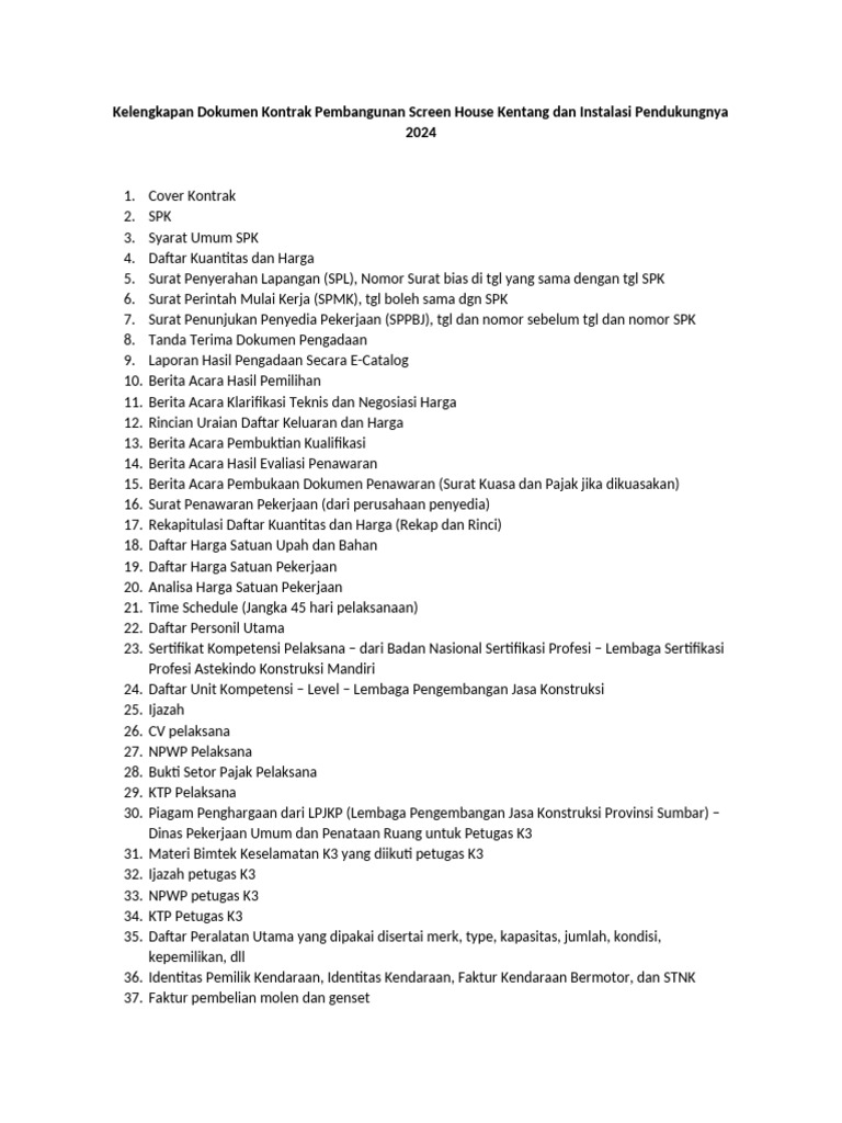 Kelengkapan Dokumen Kontrak Pembangunan Screen House Kentang Dan ...