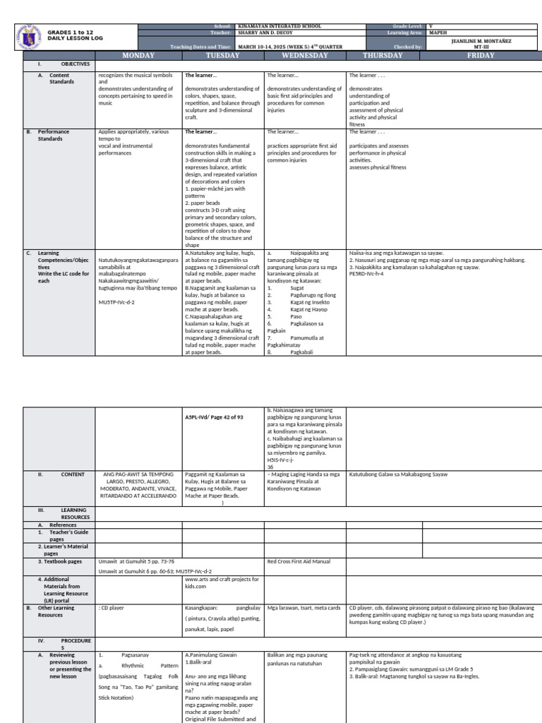 DLL_MAPEH 5_Q4_W4 | PDF