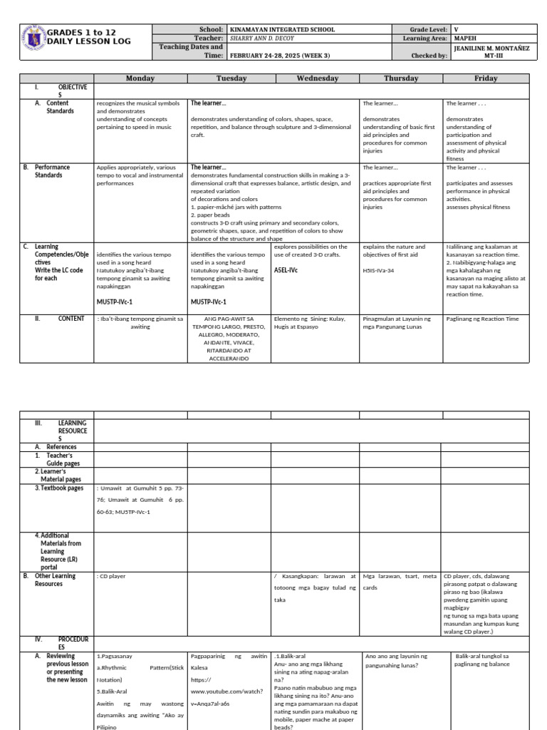 Grade 5 DLL Mapeh 5 q4 Week 3 | PDF
