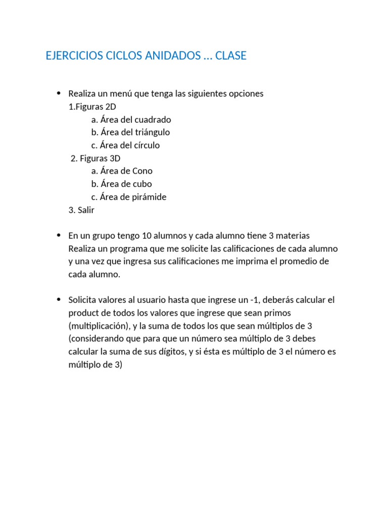 Ejercicios Ciclos Anidados.. Clase | PDF