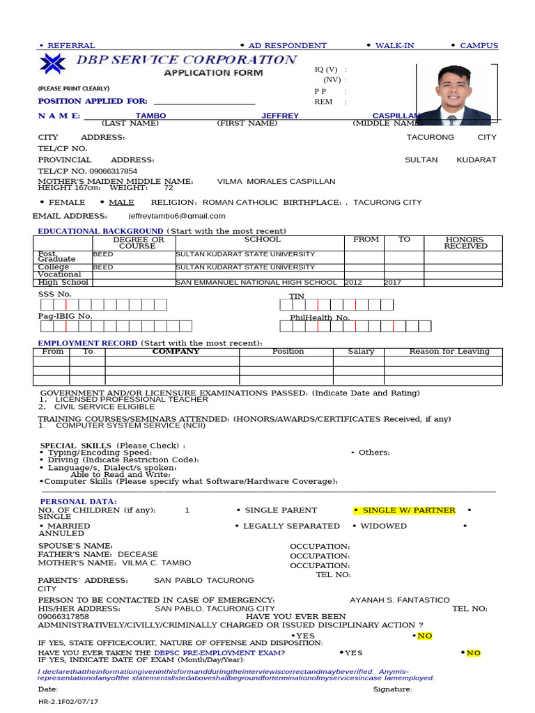 HR ApplicationForm HR-2.1F02 07 17 | PDF