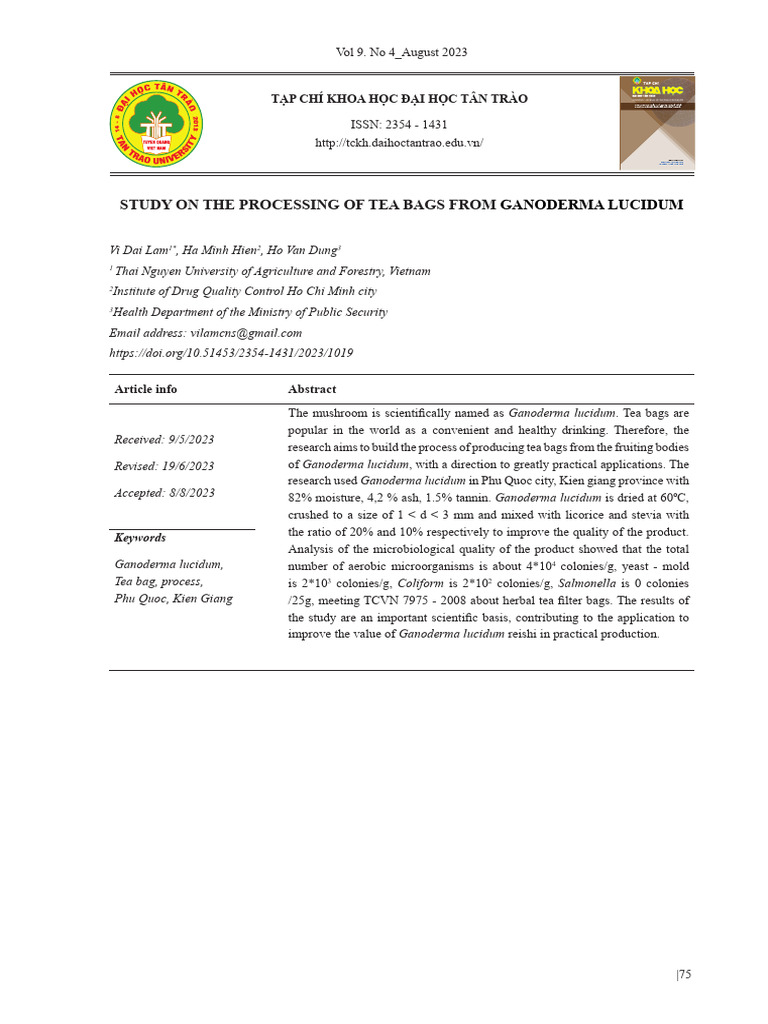 Nghien Cuu Quy Trinh San Xuat Tra Tui Loc Tu Nam L | PDF