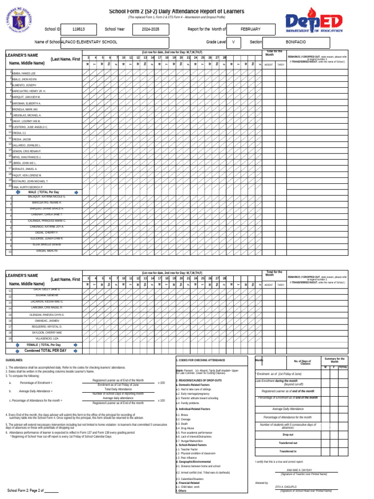 SF2 Daily Attendance Report 2024-2025 | PDF | Human Development ...