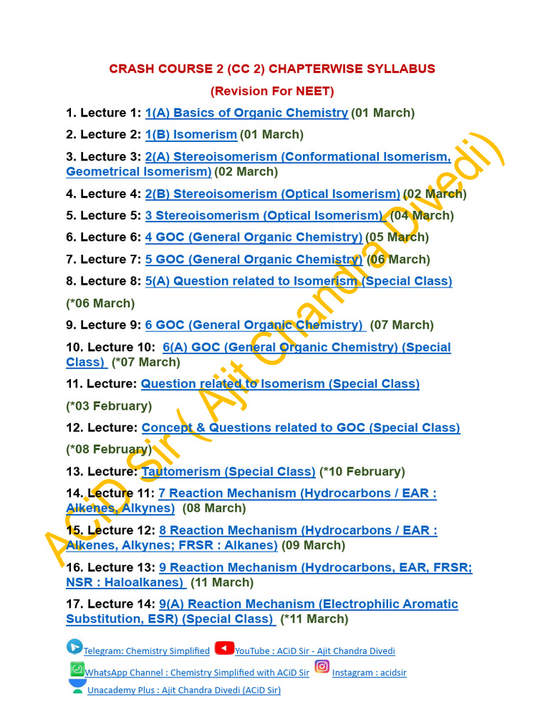 CRASH COURSE 2 CC 2 CHAPTERWISE SYLLABUS For NEET 2025 ACiD Sir | PDF ...